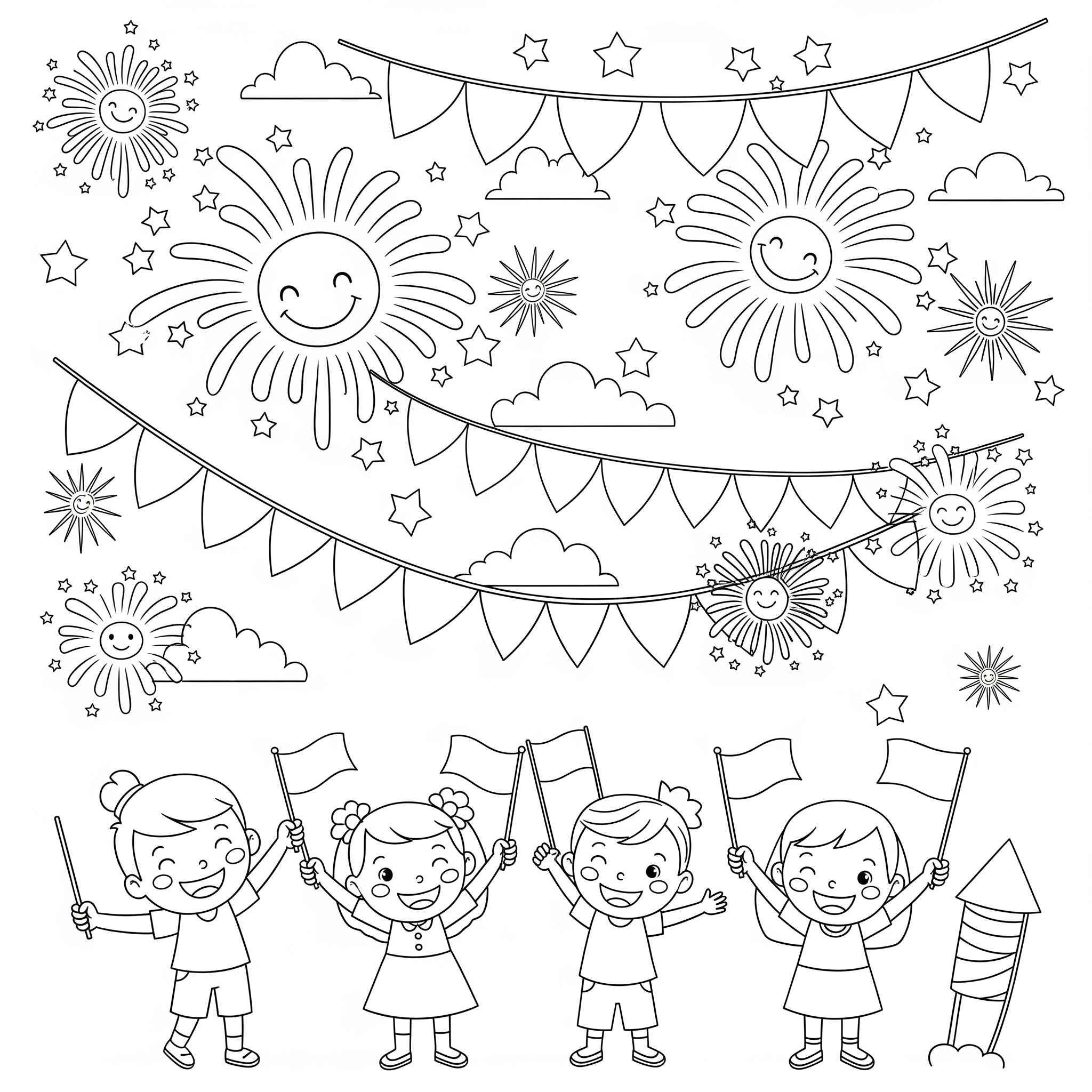 Fourth of July Fireworks - Free Printable Coloring Page for Kids